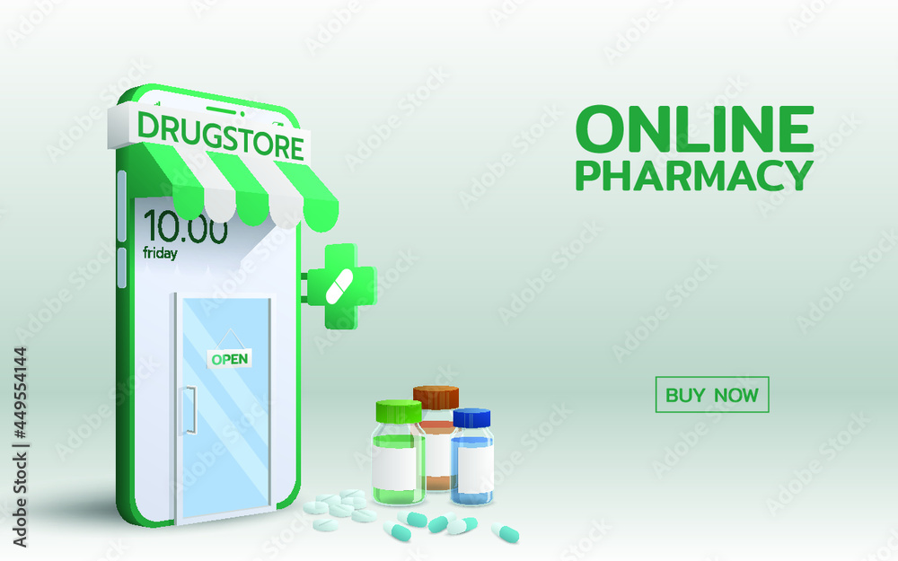Pharmacy online shop on smartphone mobile with a stack of durgs bag and ...