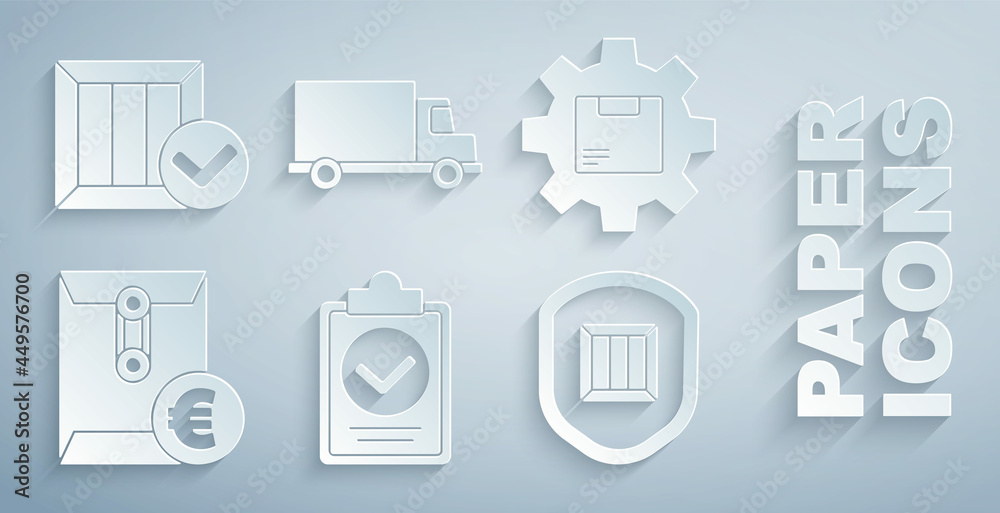 Стоковое векторное изображение «Set Verification of delivery list clipboard, Gear wheel with ...