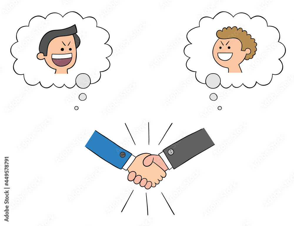 Cartoon two businessmen shake hands and get along, but both are sneaky ...