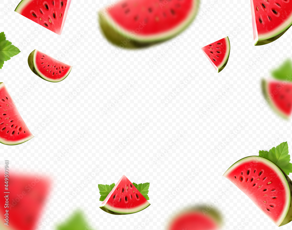 Falling watermelon fruit on transparent background. Blurred and ...