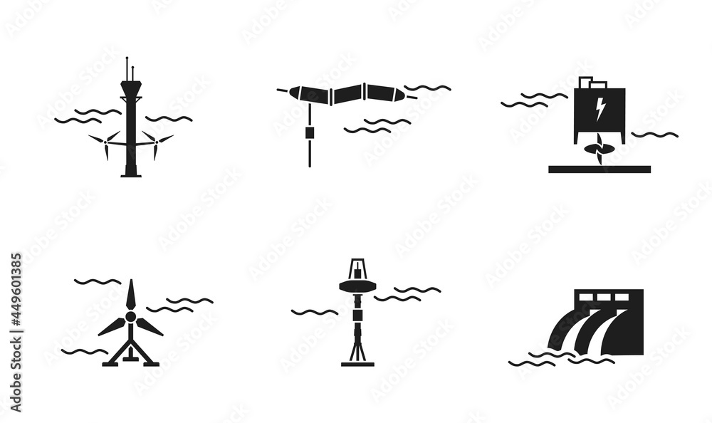 water energy icon set. tidal, wave and hydroelectric power plant ...