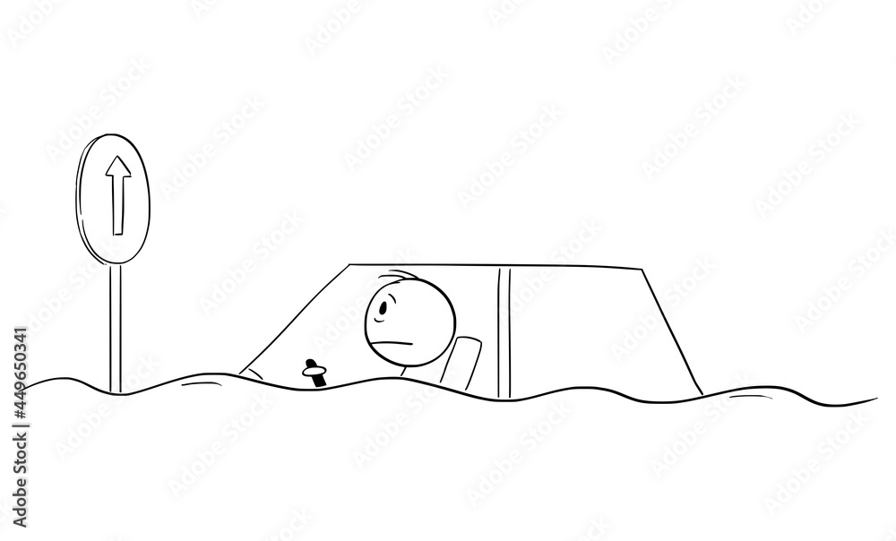 Driver Driving Car During Water Flooding Disaster, Vector Cartoon Stick ...