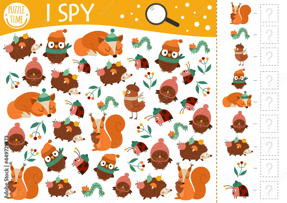 Autumn forest I spy game for kids. Fall searching and counting activity ...