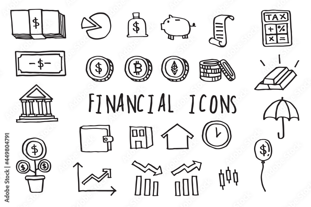 Vector illustration of money financial icons in doodle hand drawn lines ...