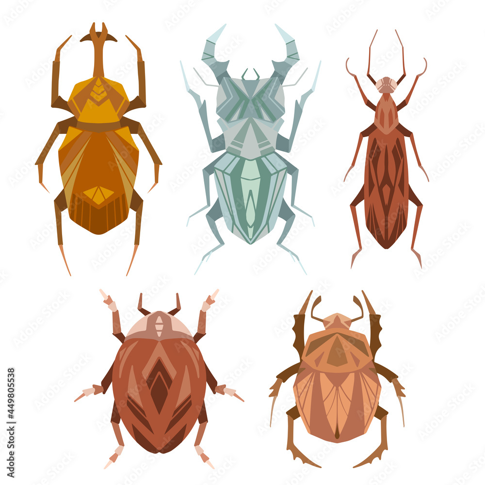 Set of geometric insects with poly decorations. Vector geometrical stag ...
