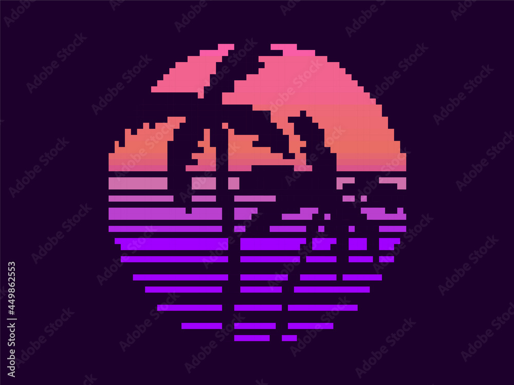 Pixel art palm trees at sunset in 80s style. 8-bit sun synthwave and ...