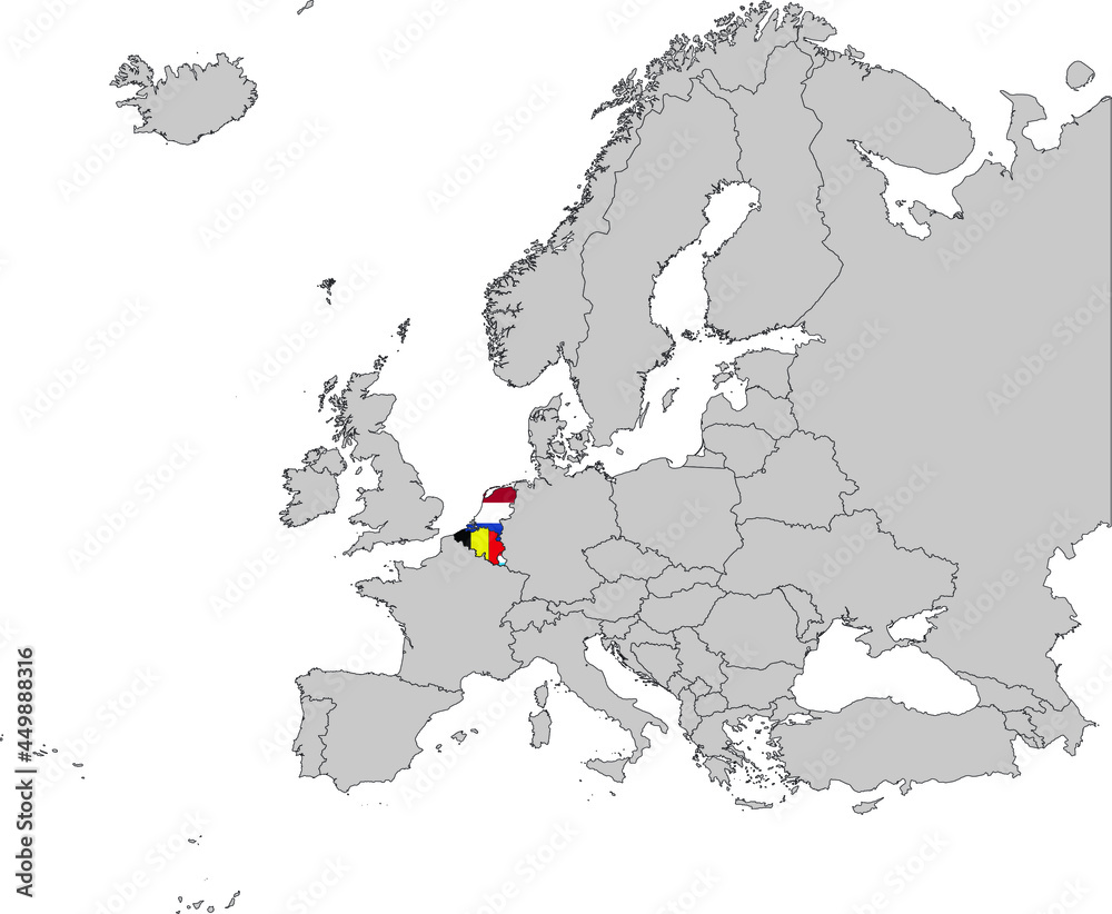 Map of Benelux countries with national flag on Gray map of Europe Stock ...