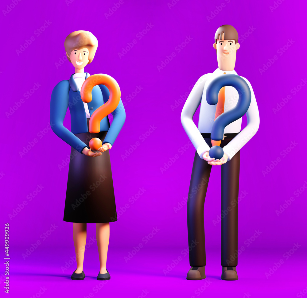3D rendering illustration. Business people holding question marks ...
