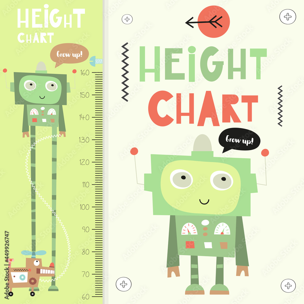 Kids height chart with cute retro robot. Heights for school ...