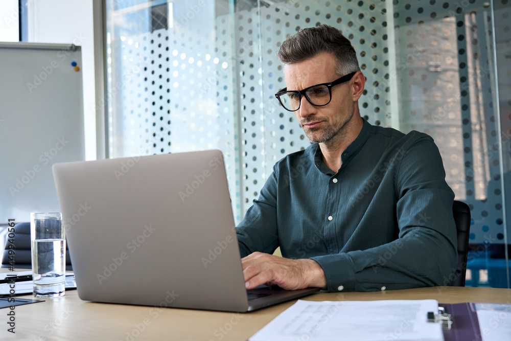 Focused middle aged business man typing on computer working in modern ...