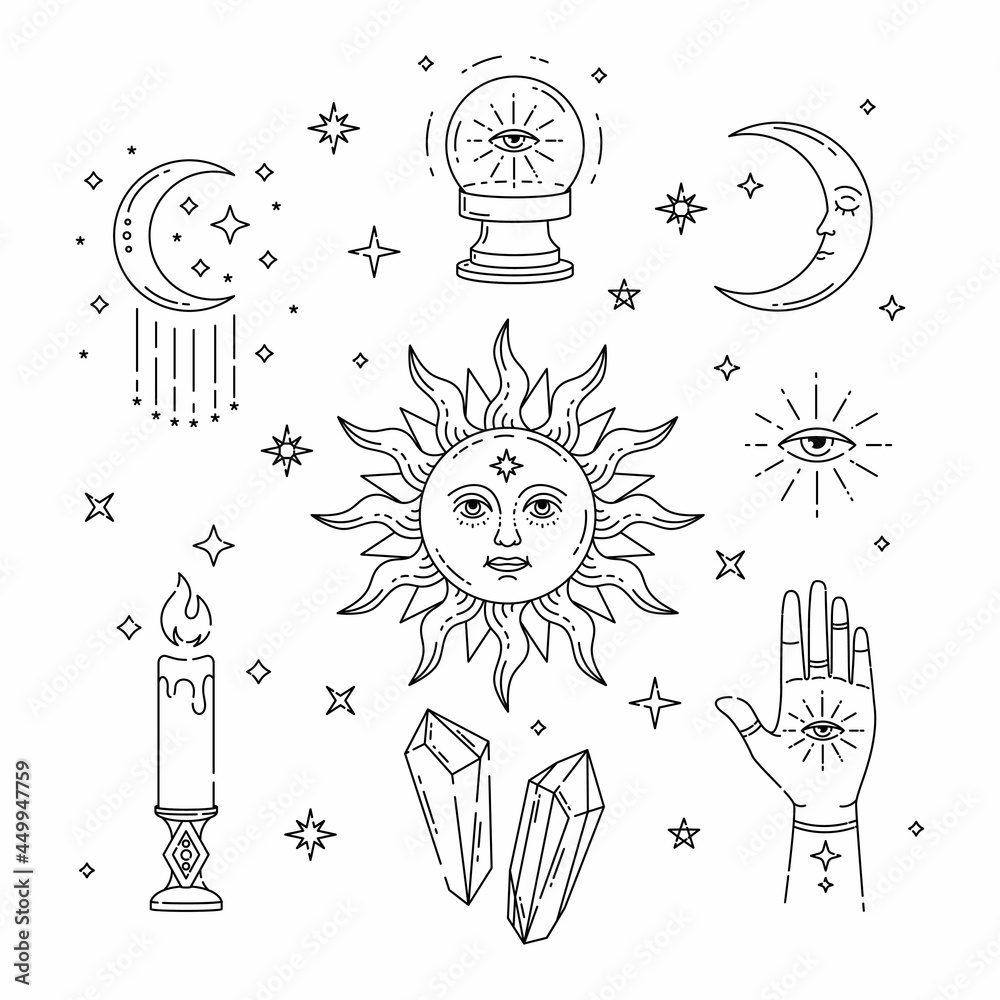 Celestial Magic outline illustration of icons and symbols of sun, moon ...