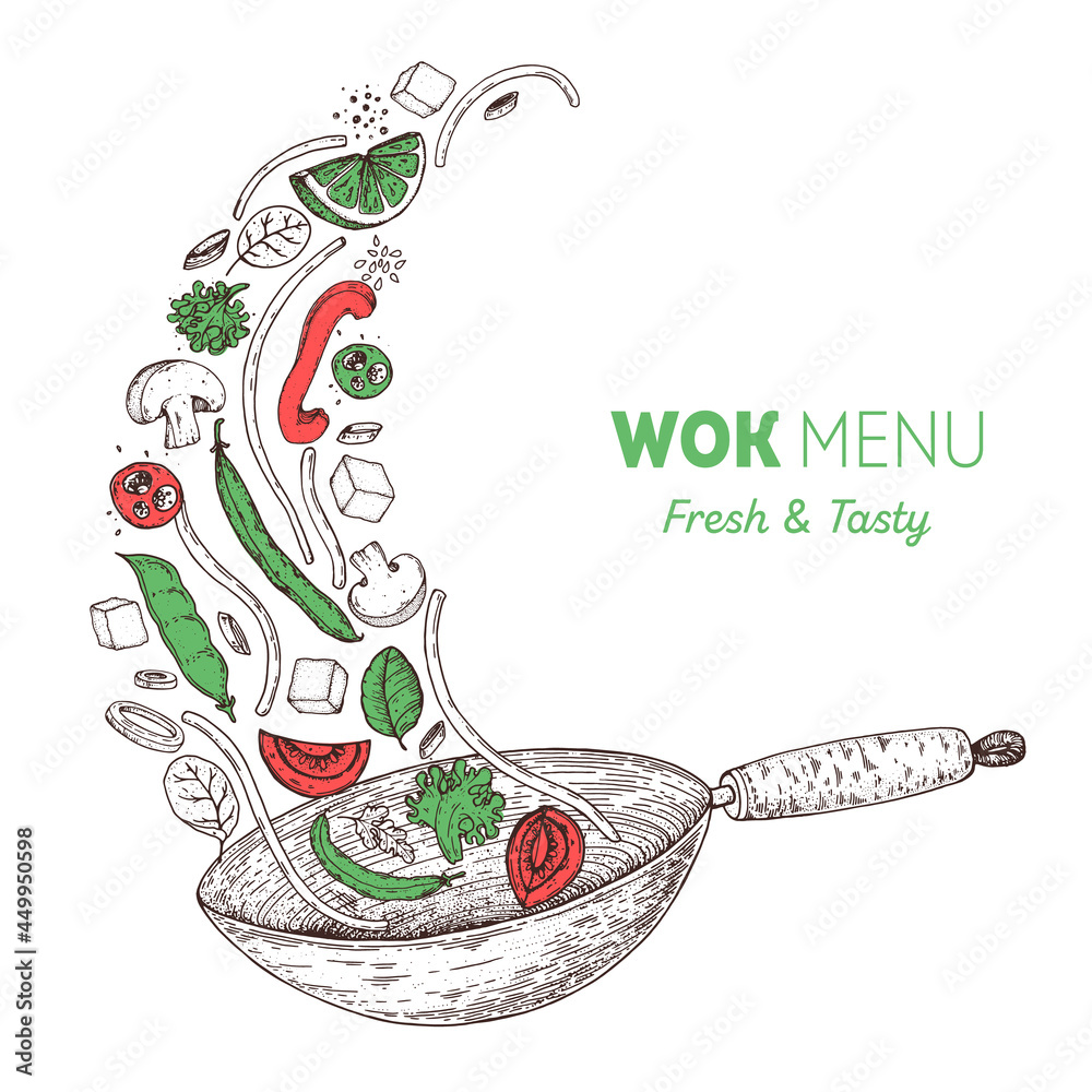 Wok pan and ingredients for wok sketch. Hand drawn vector illustration ...