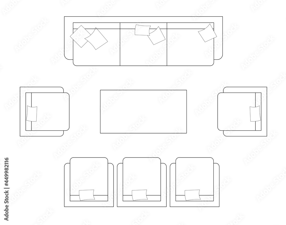 2D CAD plan drawing various sizes and designs of sofa set complete with ...