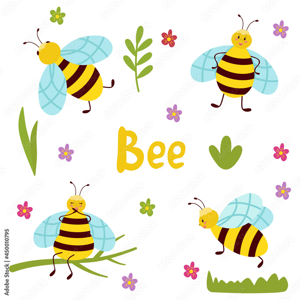 Bees in different poses, flying, sitting, standing, a set of cute ...