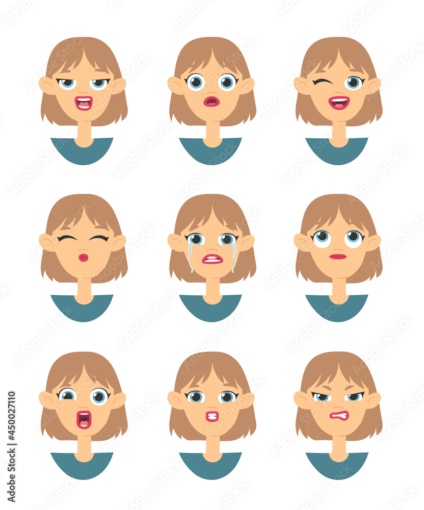 Set of emotional women emoji. Cartoon style illustration female ...