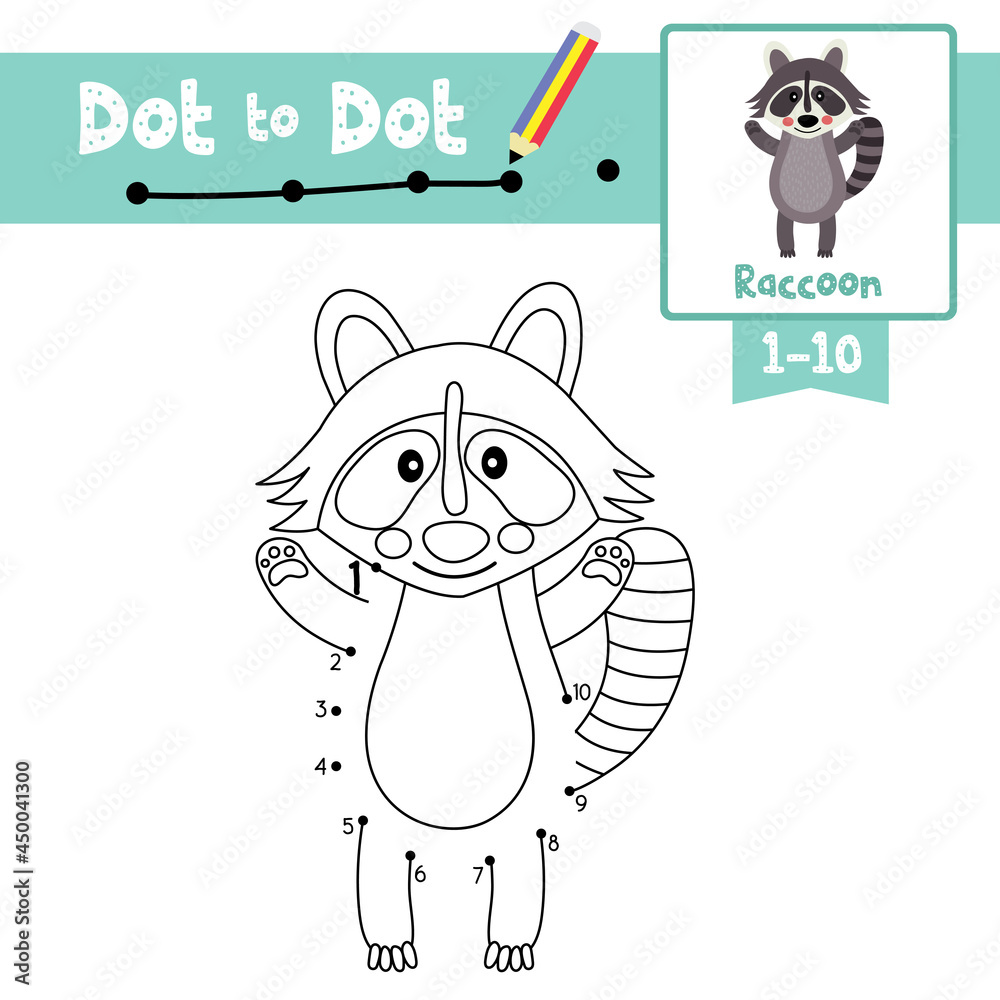 Dot to dot educational game and Coloring book Standing Raccoon animal ...