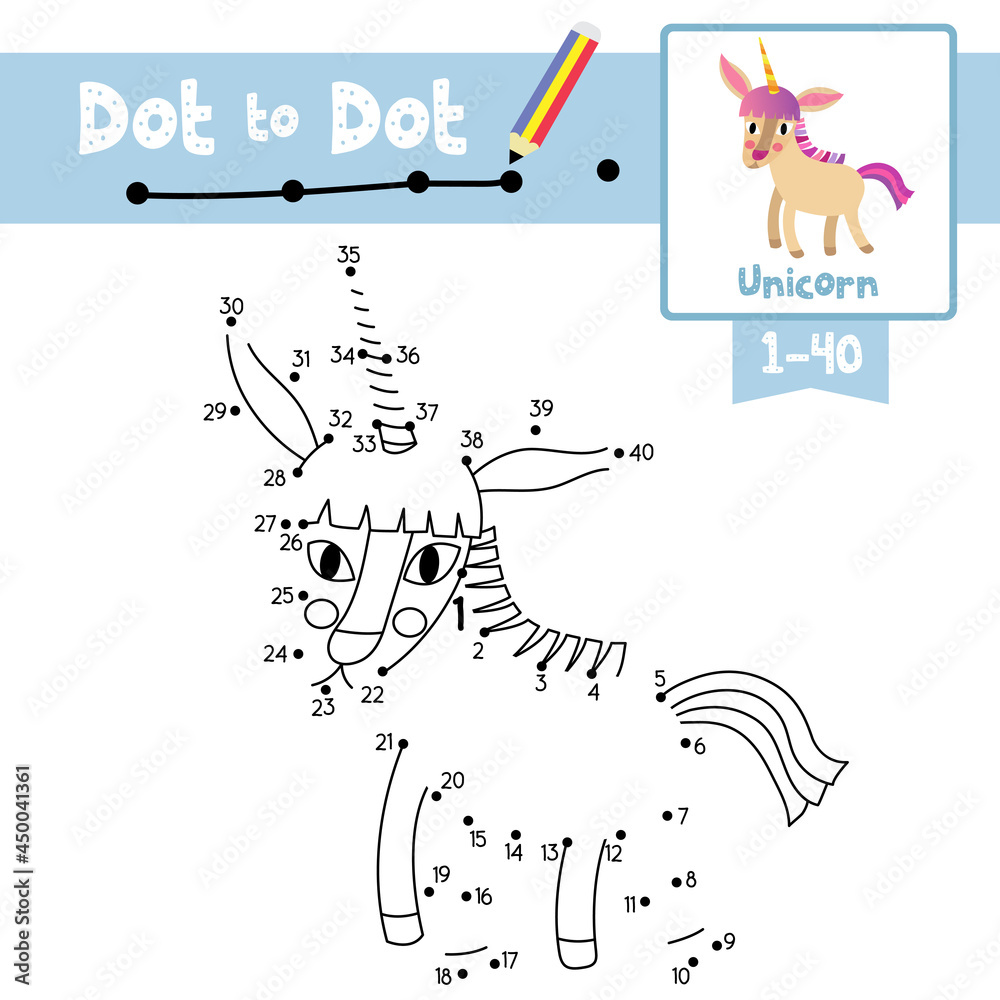 Dot to dot educational game and Coloring book Unicorn animal cartoon ...