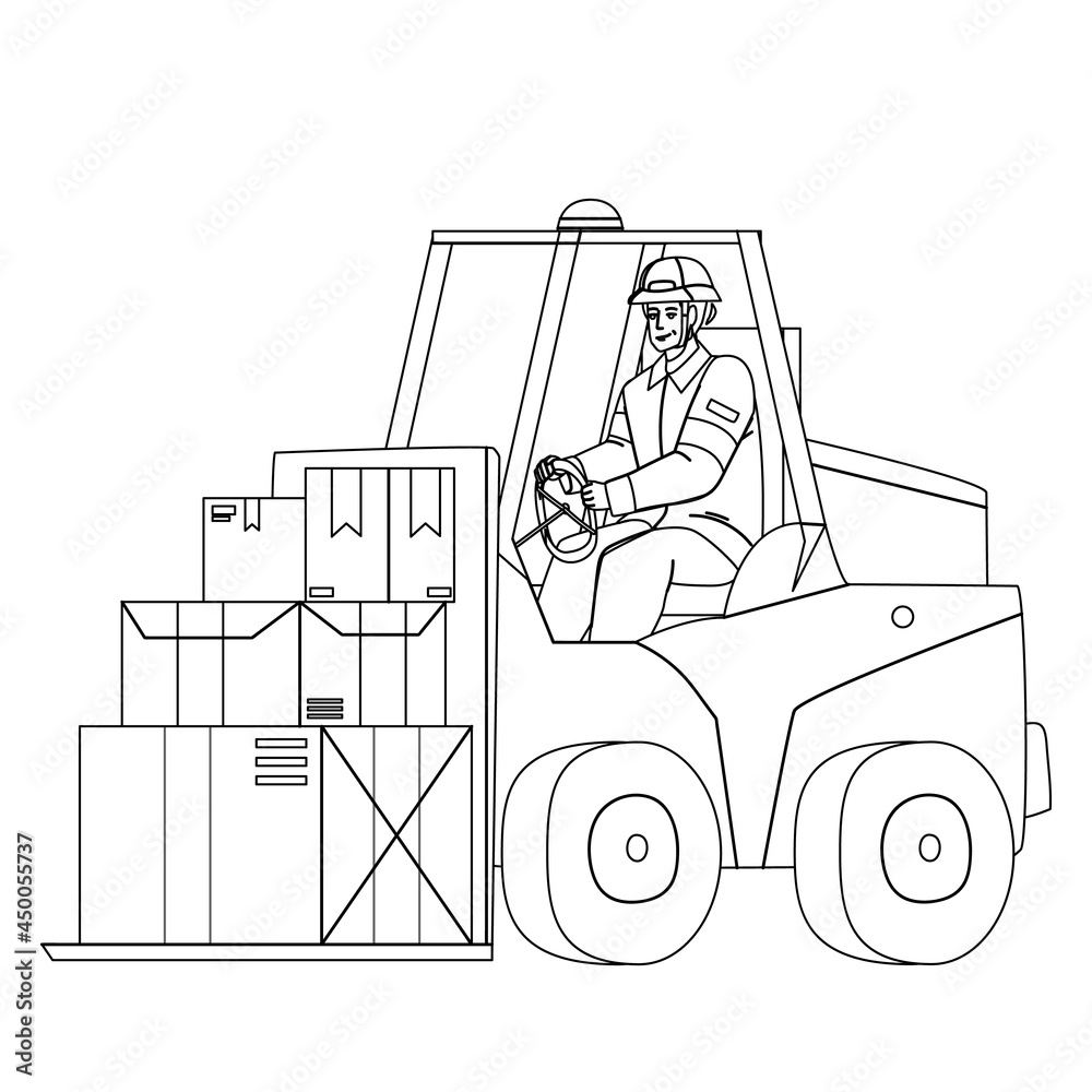 Forklift Worker Driving Truck In Warehouse Black Line Pencil Drawing ...