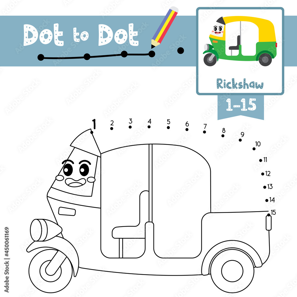 Dot to dot educational game and Coloring book Auto Rickshaw cartoon ...