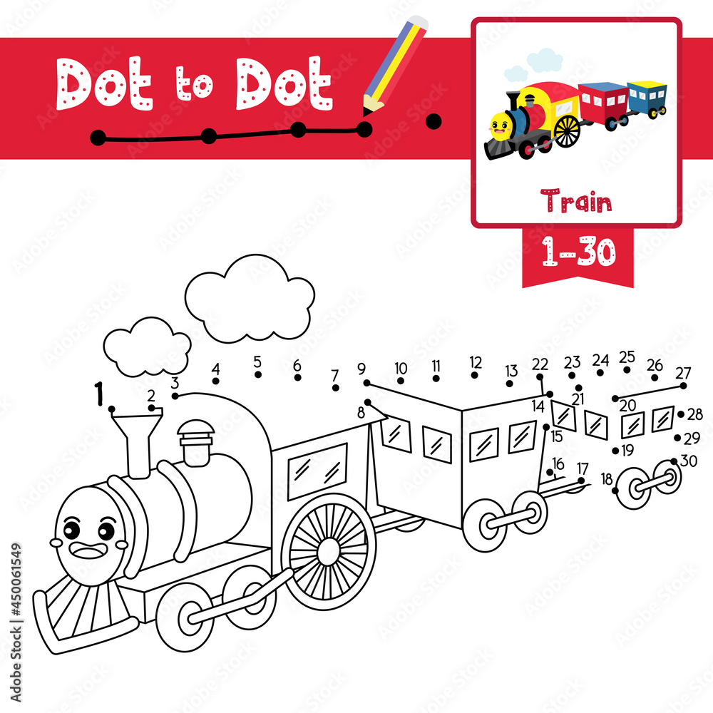Dot to dot educational game and Coloring book Train cartoon character ...