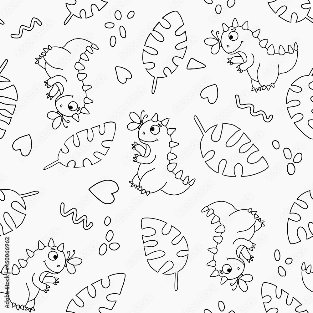 Cute kids dinosaur seamless pattern. Doodle cartoon dino. Hand drawn ...