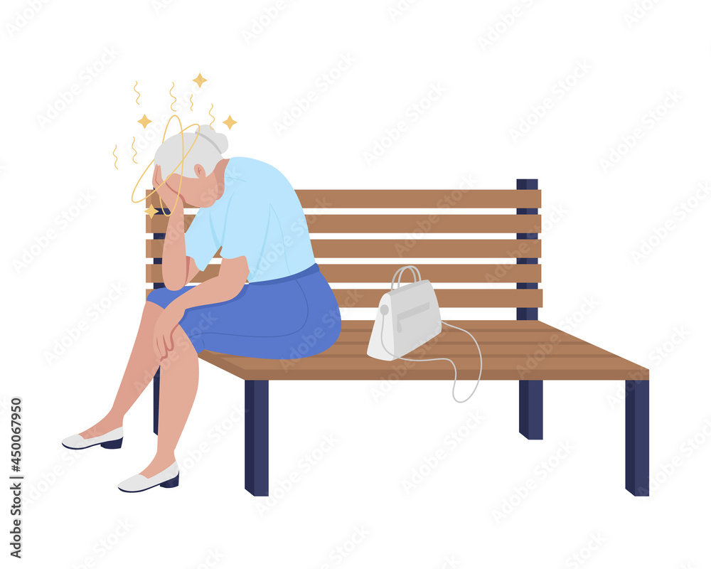 Old lady feeling dizzy semi flat color vector character. Sitting figure ...