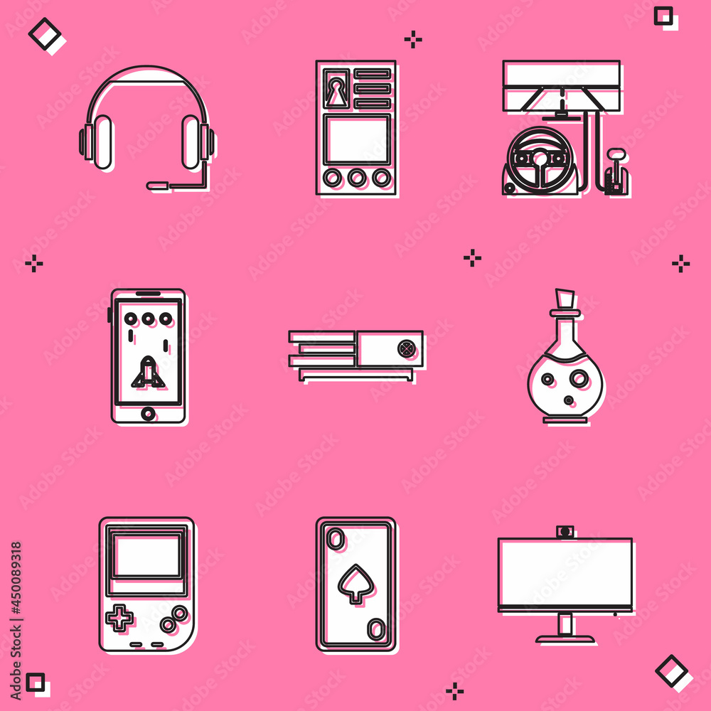 Set Headphones, Create account screen, Racing simulator cockpit, Mobile and playing game, Video ...