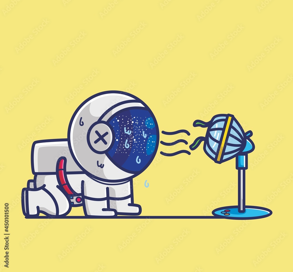 Cute Cartoon astronaut character cooling himself using a blowing fan ...