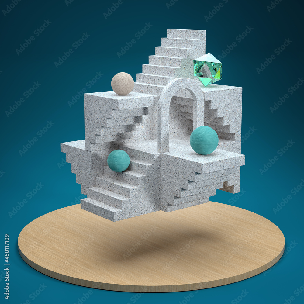 Abstract floating architectural structure with steps and marble ...