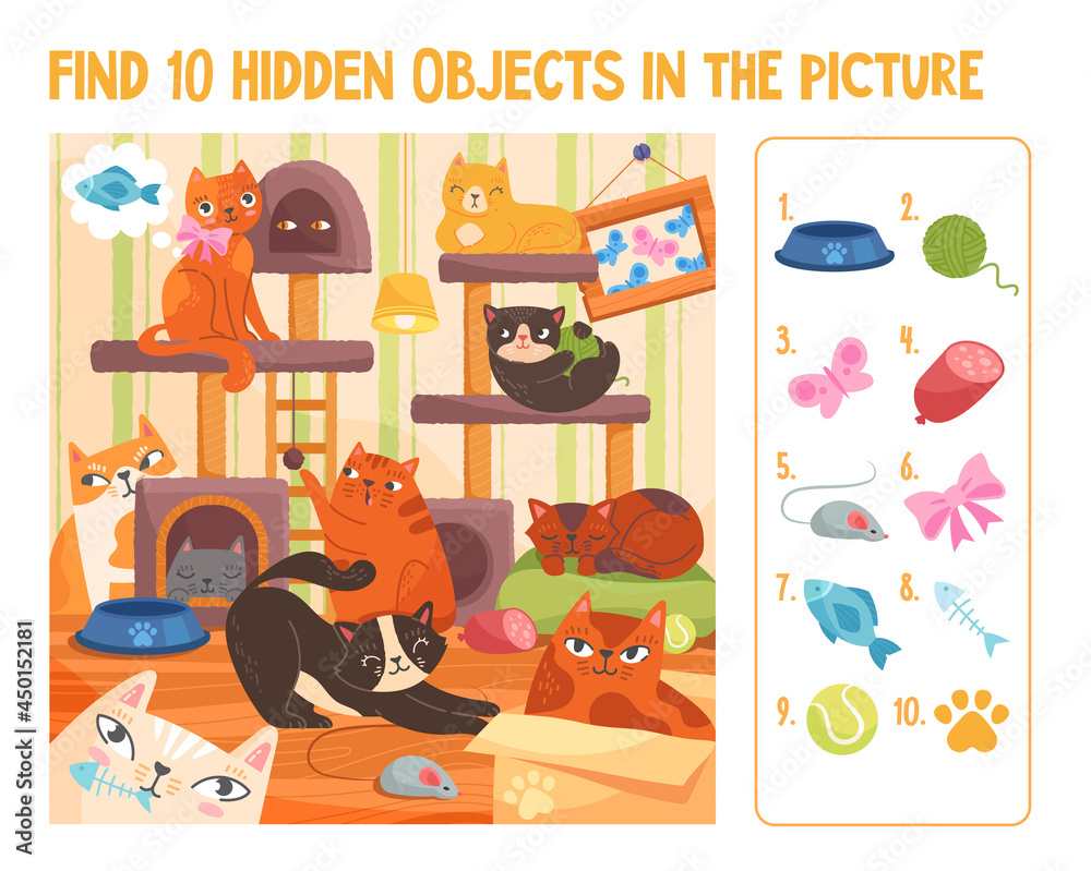 Colorful papersheet game find 10 hidden objects in the picture. Hidden ...