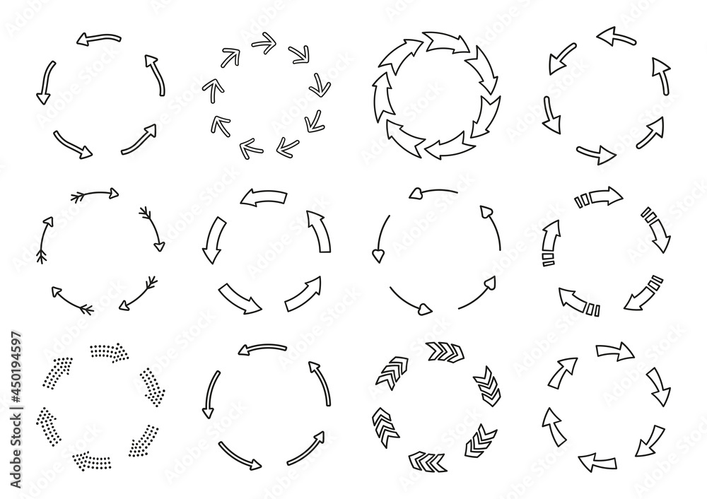 Circular arrows line outline black color, different thickness. loading and recycle symbol. Loop ...