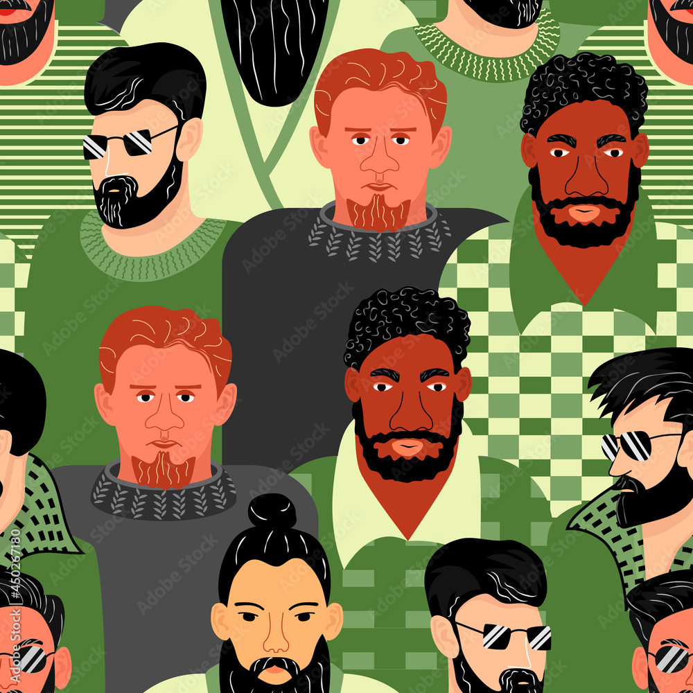 Male heads with beards seamless pattern for World Beard Day.Men with ...