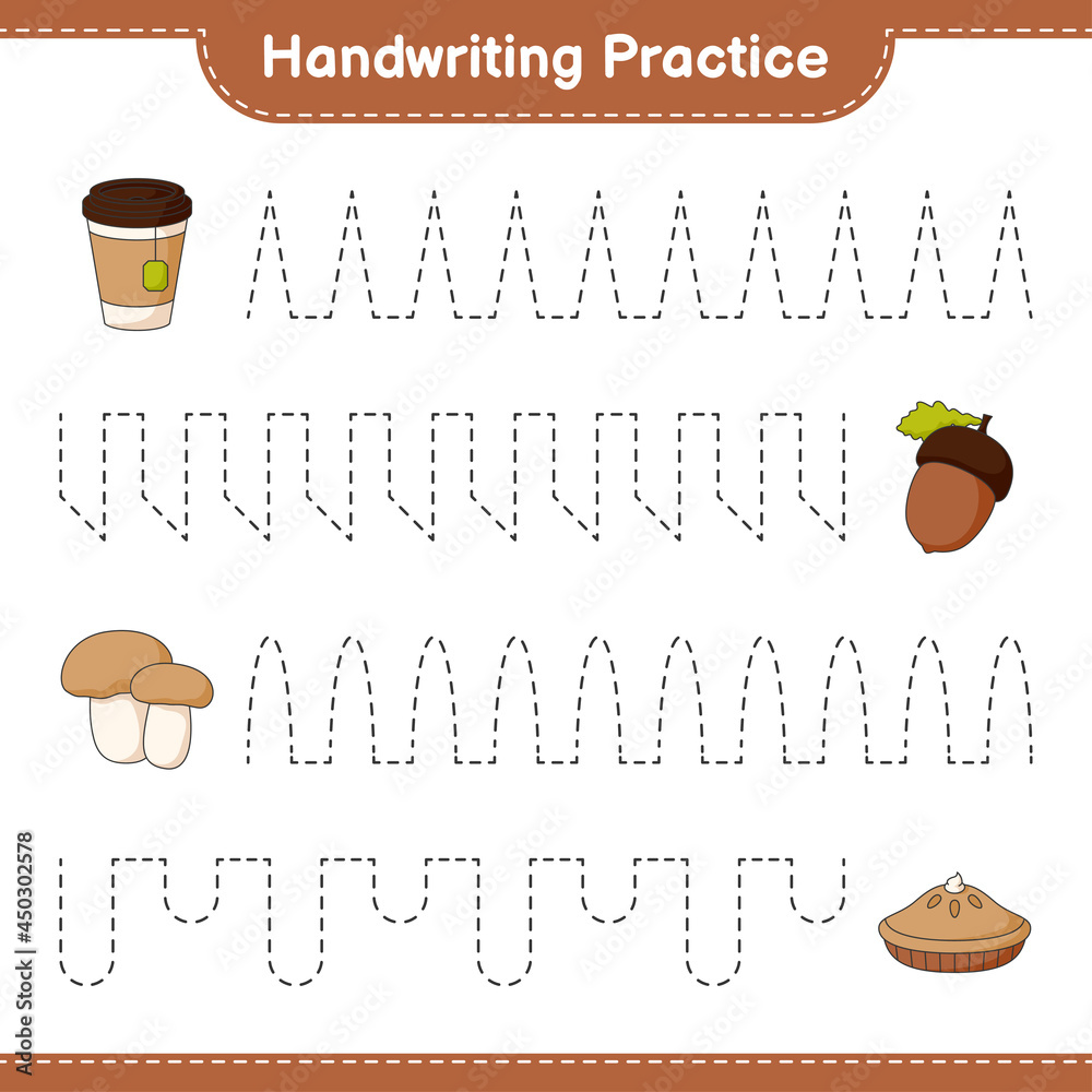 Handwriting practice. Tracing lines of Acorn, Tea Cup, Pie, and ...