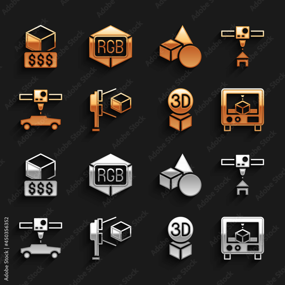 Set 3D scanner with cube, printer house, Isometric, car, Basic ...