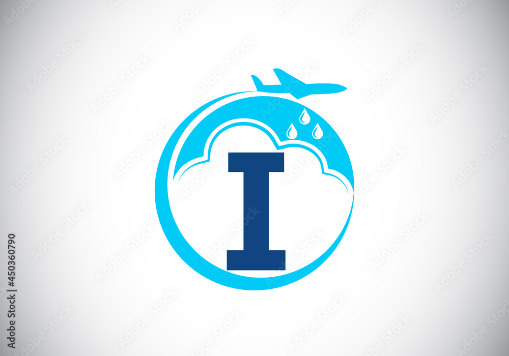 Initial I monogram alphabet with an airplane and cloud. Artificial ...