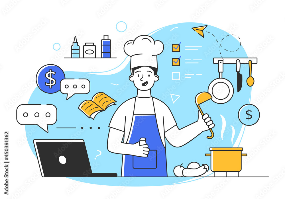 Vetor Young male character is cooking a meal for educational video ...