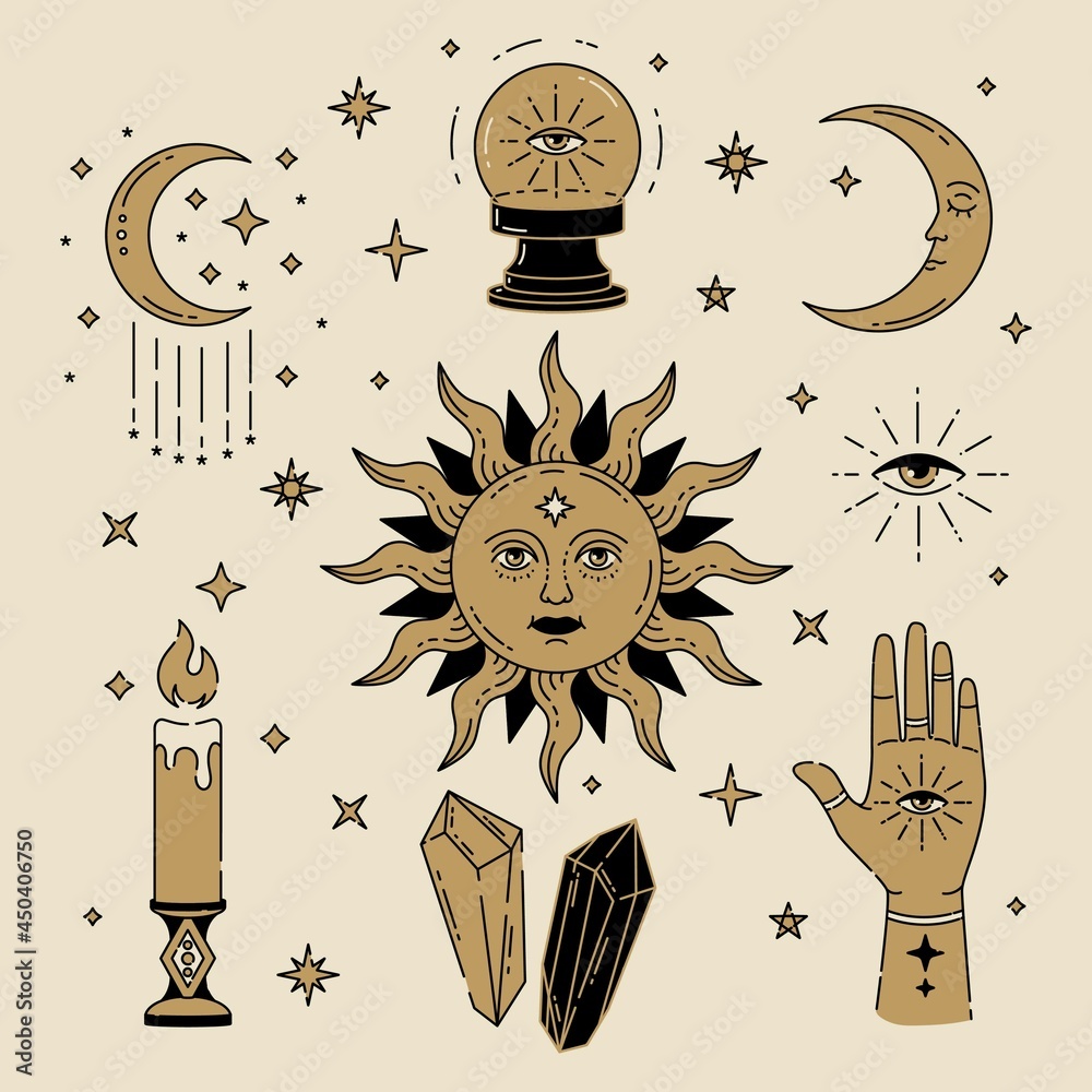 Celestial Magic gold colour illustration of icons and symbols of sun ...