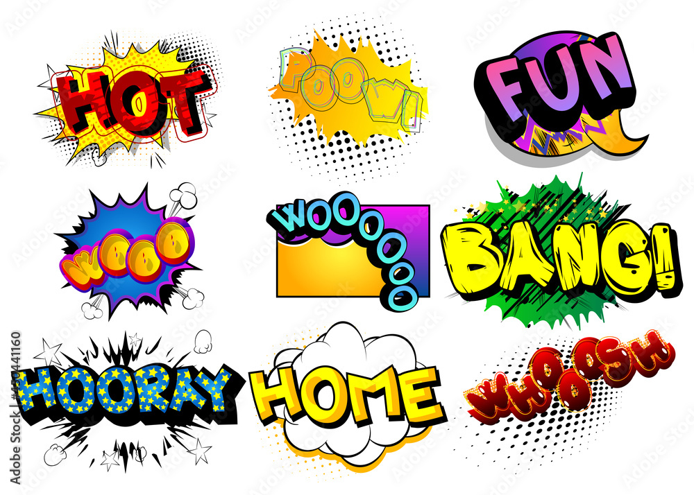 Hot, Poow, Fun, Wooo, Bang, Hooray, Home, Whooosh - Cartoon words, text ...
