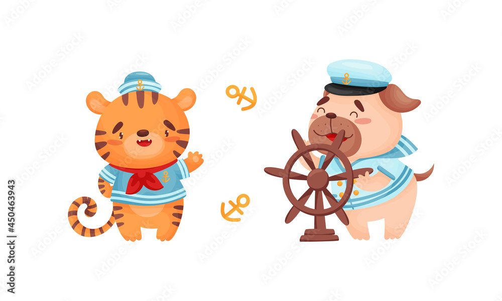 Cute baby animals sailors set. Funny tiger, dog captain characters ...