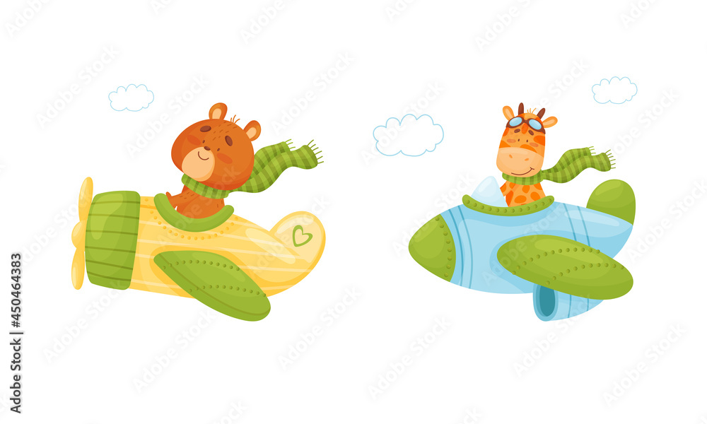 Cute baby animals pilots set. Funny bear, giraffe pilot characters ...