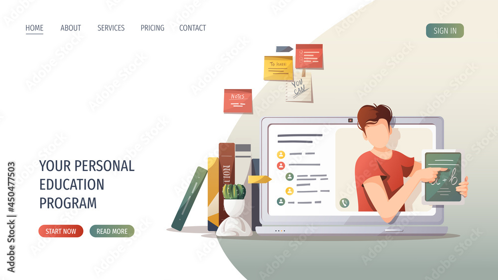 Laptop with teacher on the screen, houseplant, books. Studying, Online ...