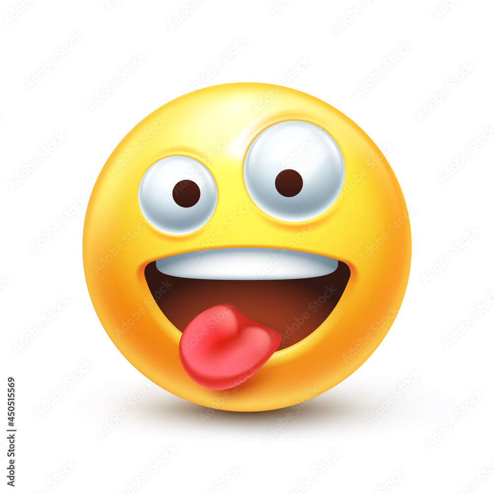 Zany emoji. Goofy emoticon with crazy eyes and tongue out 3D stylized ...