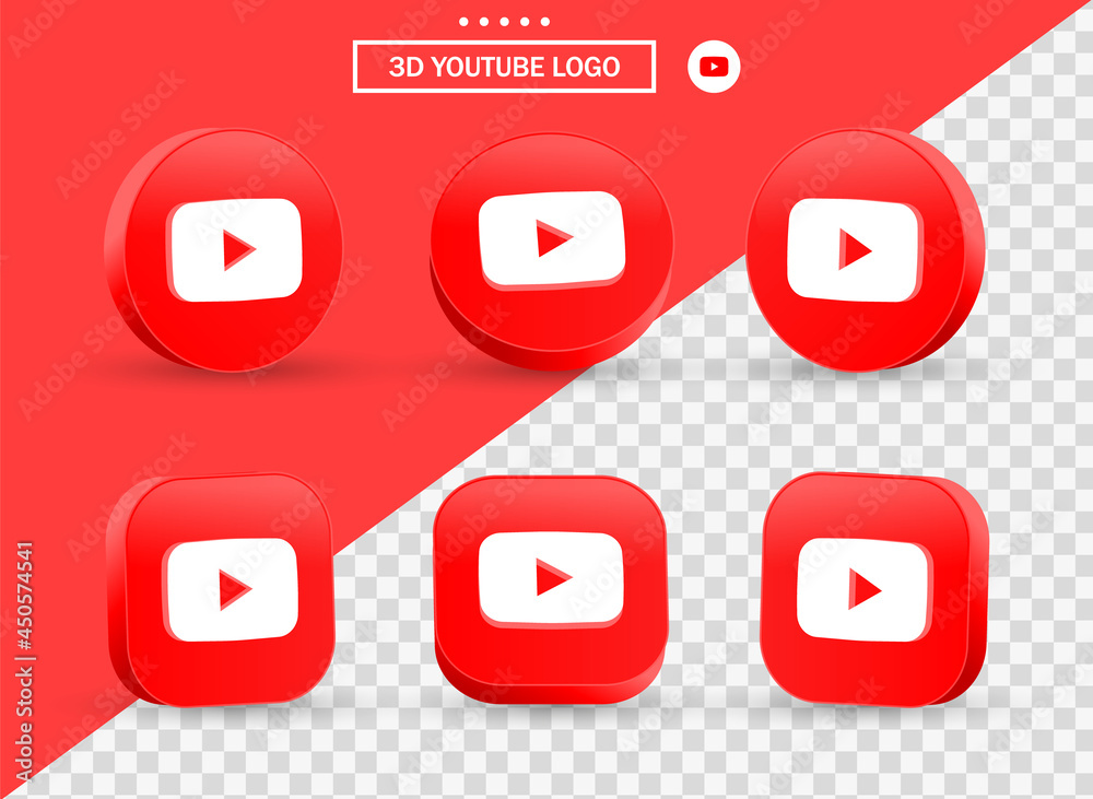 3d youtube logo in modern circle, square for popular social media icons ...