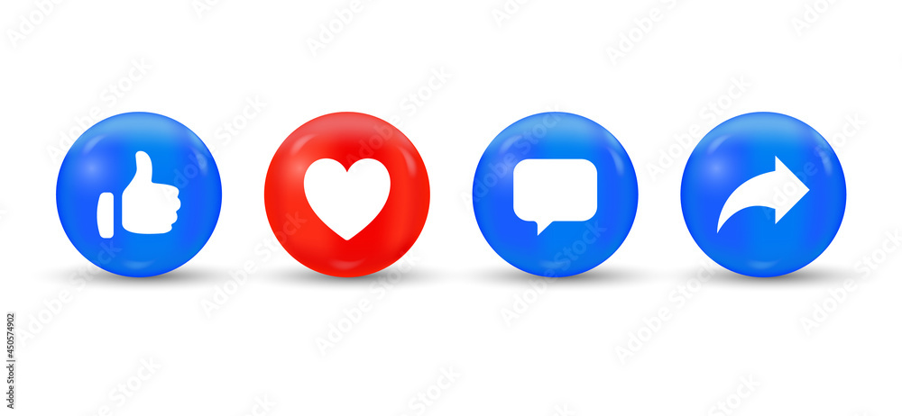 3d social media notification icons, Like love comment share buttons in ...