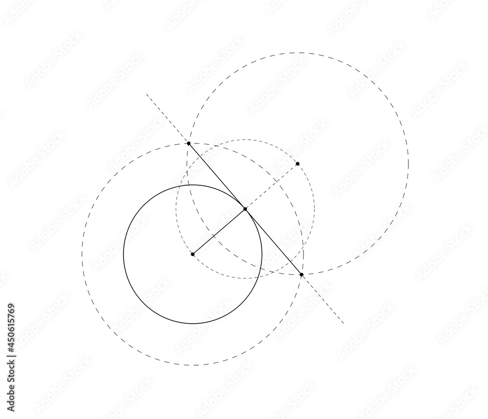 draw a line tangent to a circle using a compass, geometry education. black and white ...