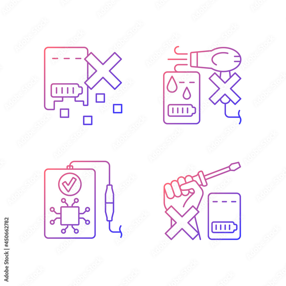 Extending power bank life gradient linear vector manual label icons set. Proper recycling. Thin ...