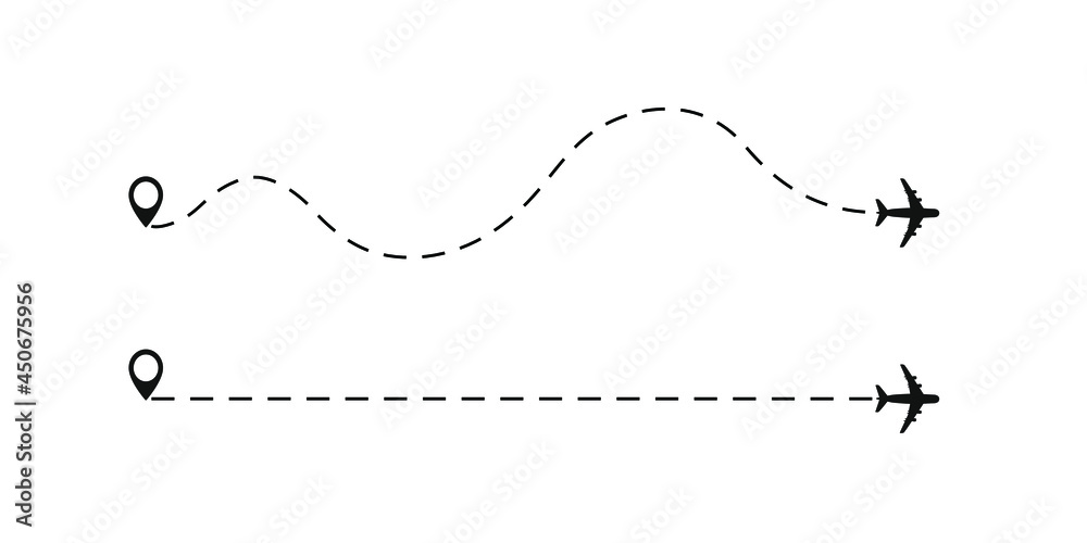 Airplane line path vector icon of air plane flight route with start ...