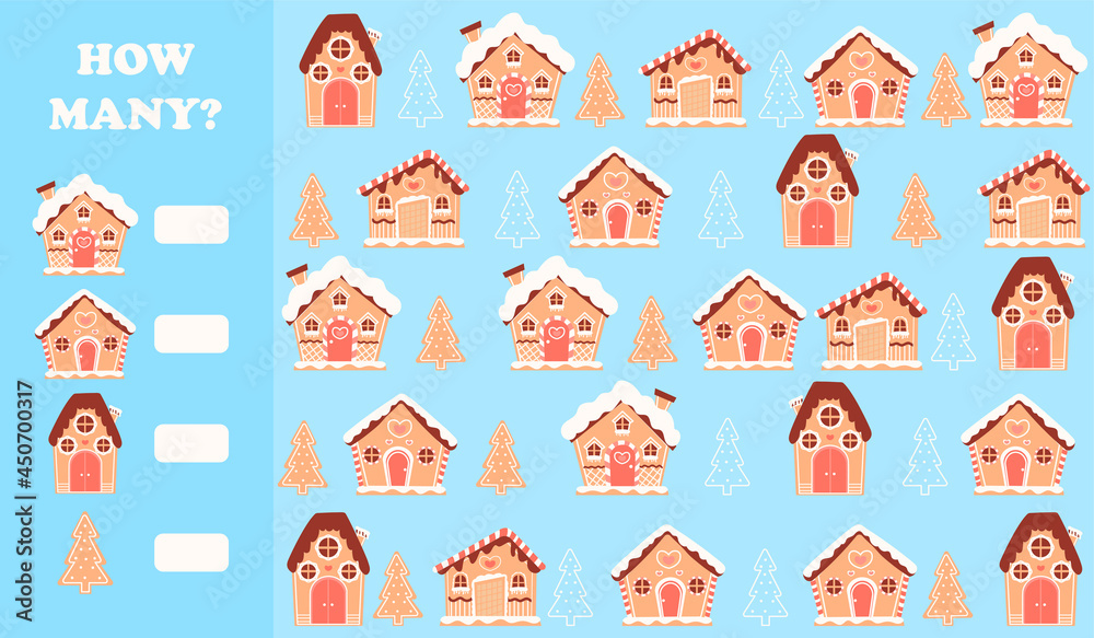 Printable worksheet for kids for counting gingerbread houses in cartoon ...