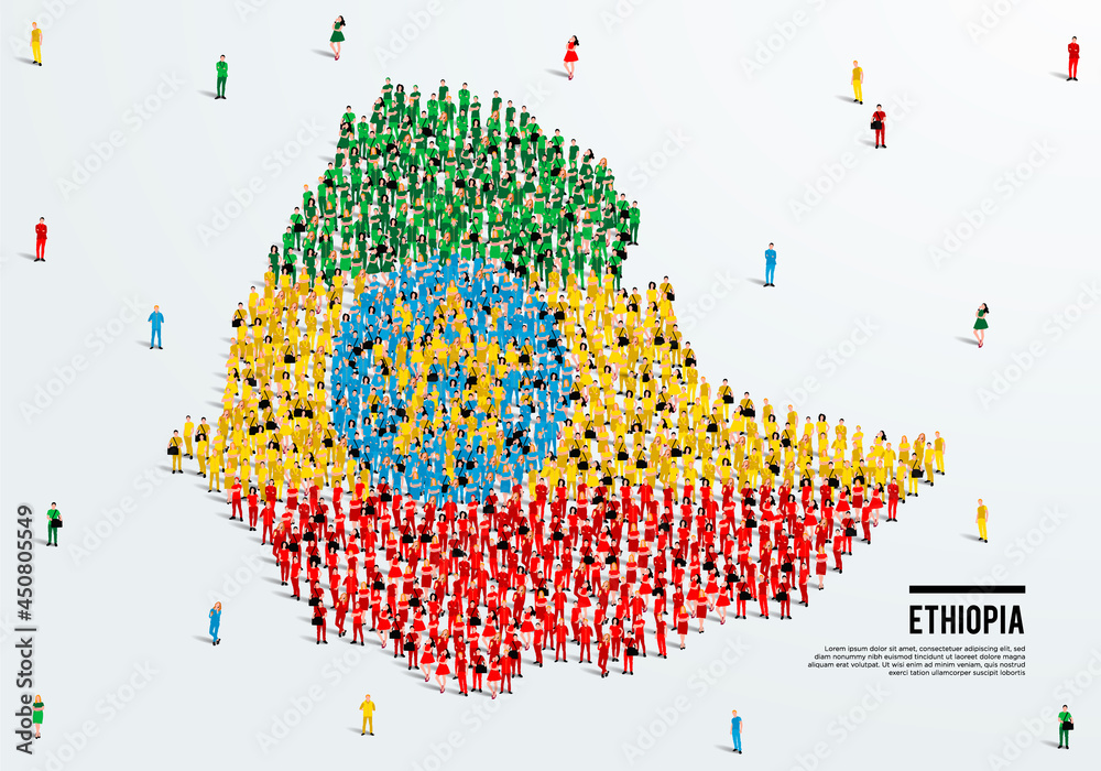 Ethiopia Map and Flag. A large group of people in the Ethiopian flag ...