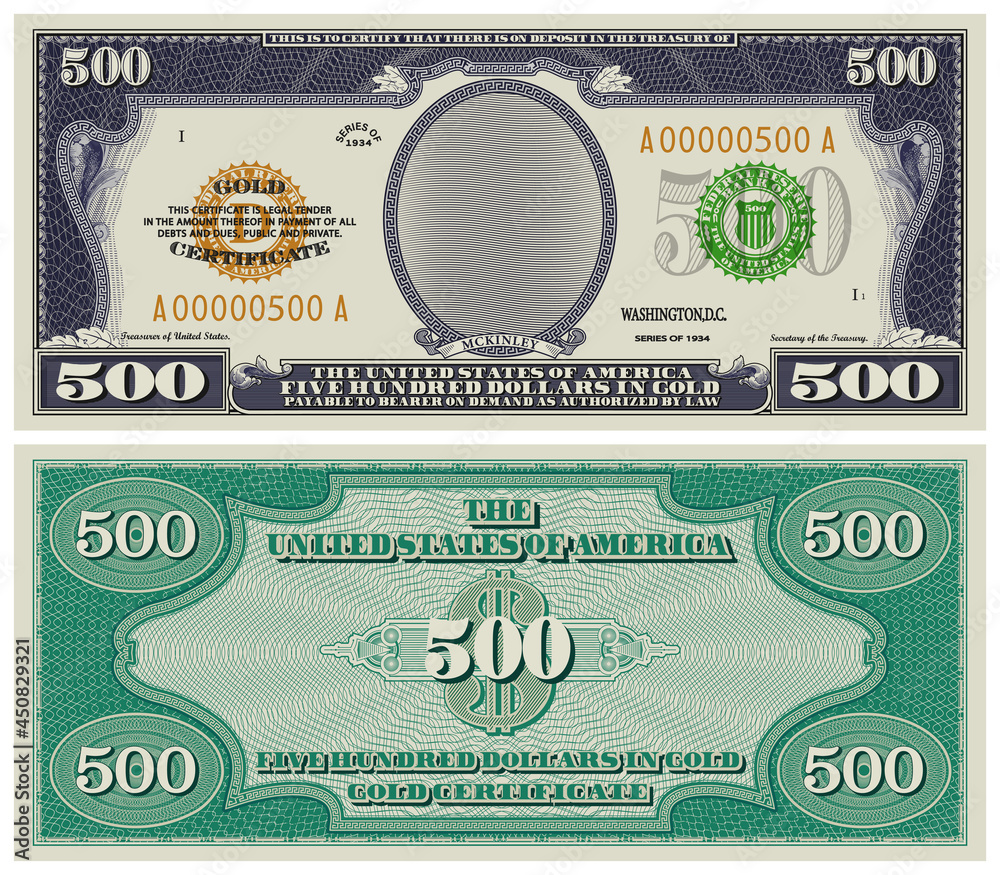 Fictional obverse and reverse of a gold certificate with a face value ...